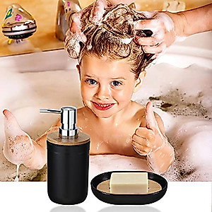 iMucci Bathroom Accessories Set with Trash Can,Toothbrush Holder, Lotion Soap Dispenser, Soap Dish,Tumbler Cup(9Pcs Black Bamboo Cover)