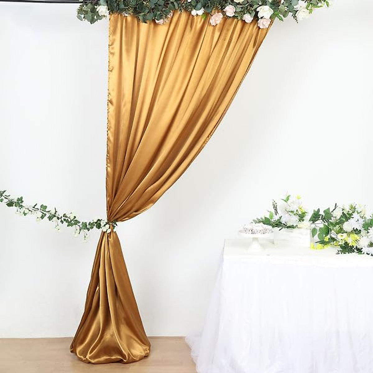 Efavormart 8ftx10ft Gold Satin Curtain Panel Backdrop Drapes, Photo Booth Backdrop with Rod Pocket