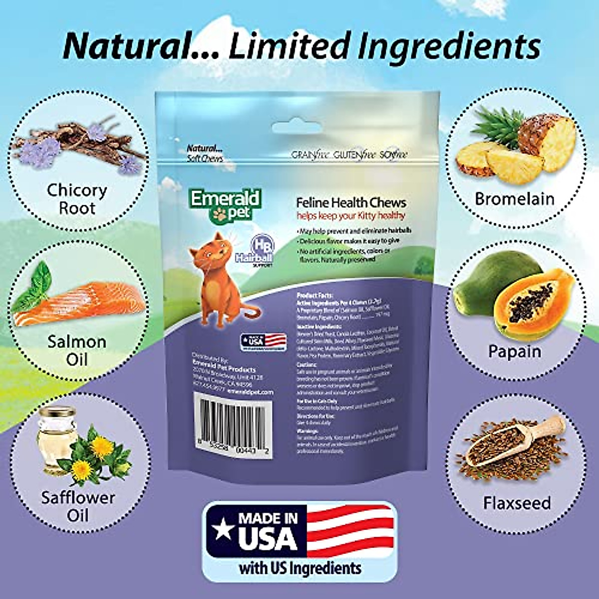 Emerald Pet Feline Health Chews Hairball Support — Natural Grain Free Feline Hairball Control Chews — Hairball Control Cat Supplements for Hairball Prevention and Elimination — Made in USA, 2.5 oz