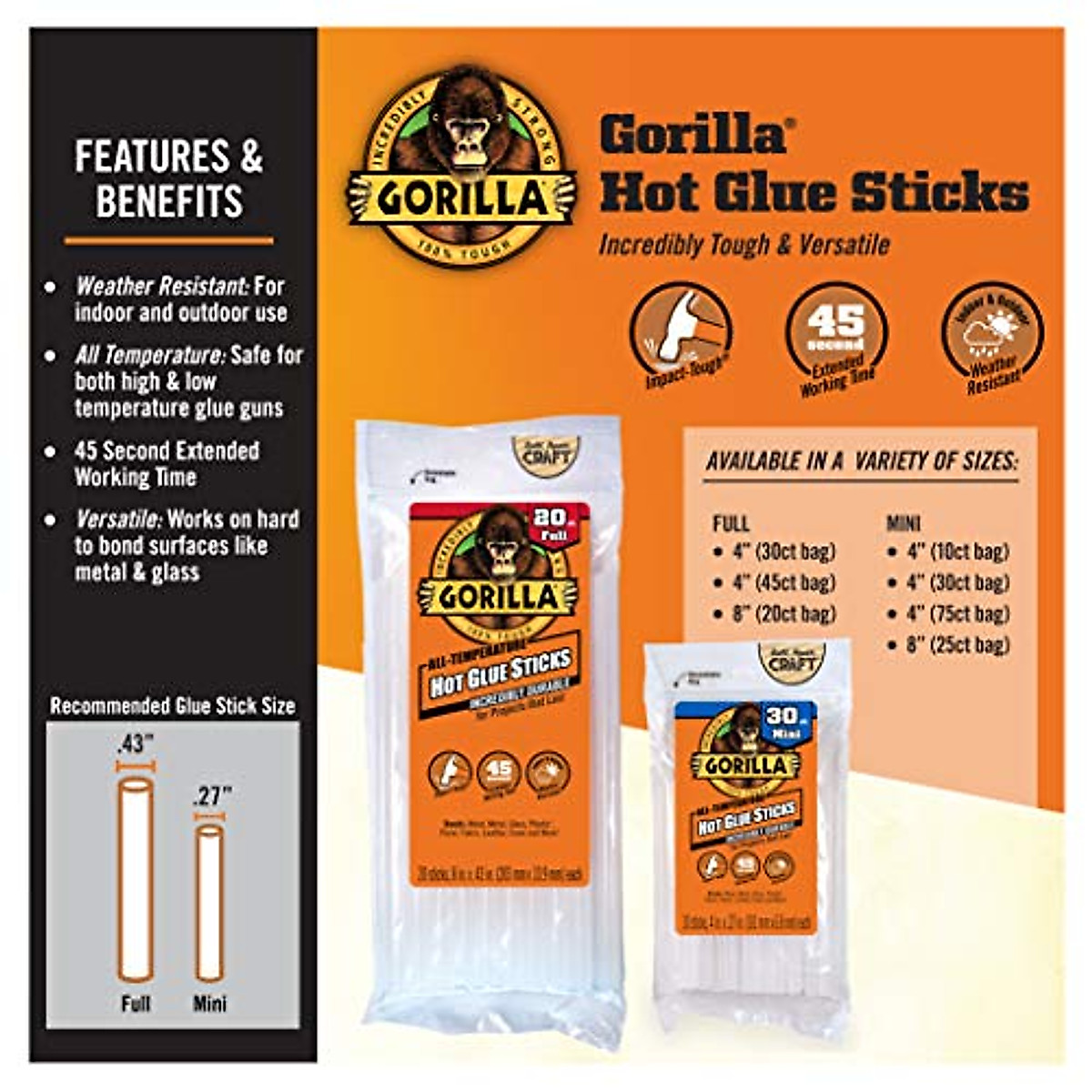 Gorilla Dual Temp Mini Hot Glue Gun Kit with 30 Hot Glue Sticks