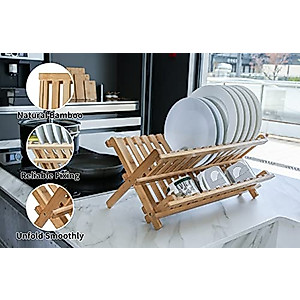 ZROOY Bamboo Dish Drying Rack, 2-Tier Bamboo Dish Rack Collapsible roll up Dish Drainer for Kitchen Counter,Wooden Dish Drying Rack by Natural,