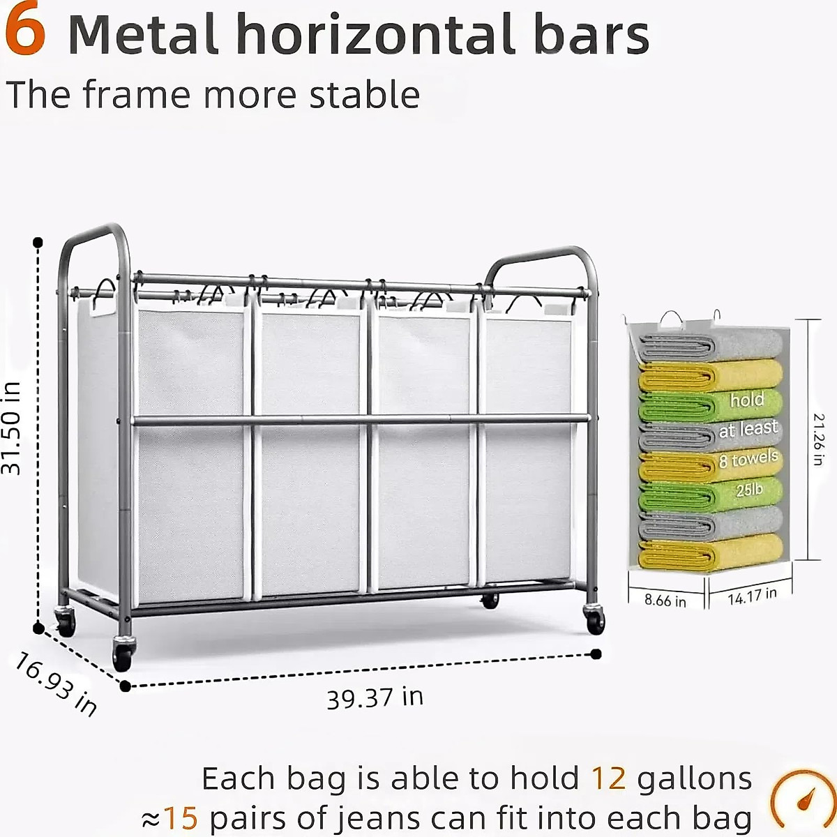 ROMOON 4 Bag Laundry Sorter Cart, Laundry Hamper Sorter with Heavy Duty Rolling Wheels for Clothes Storage, Grey