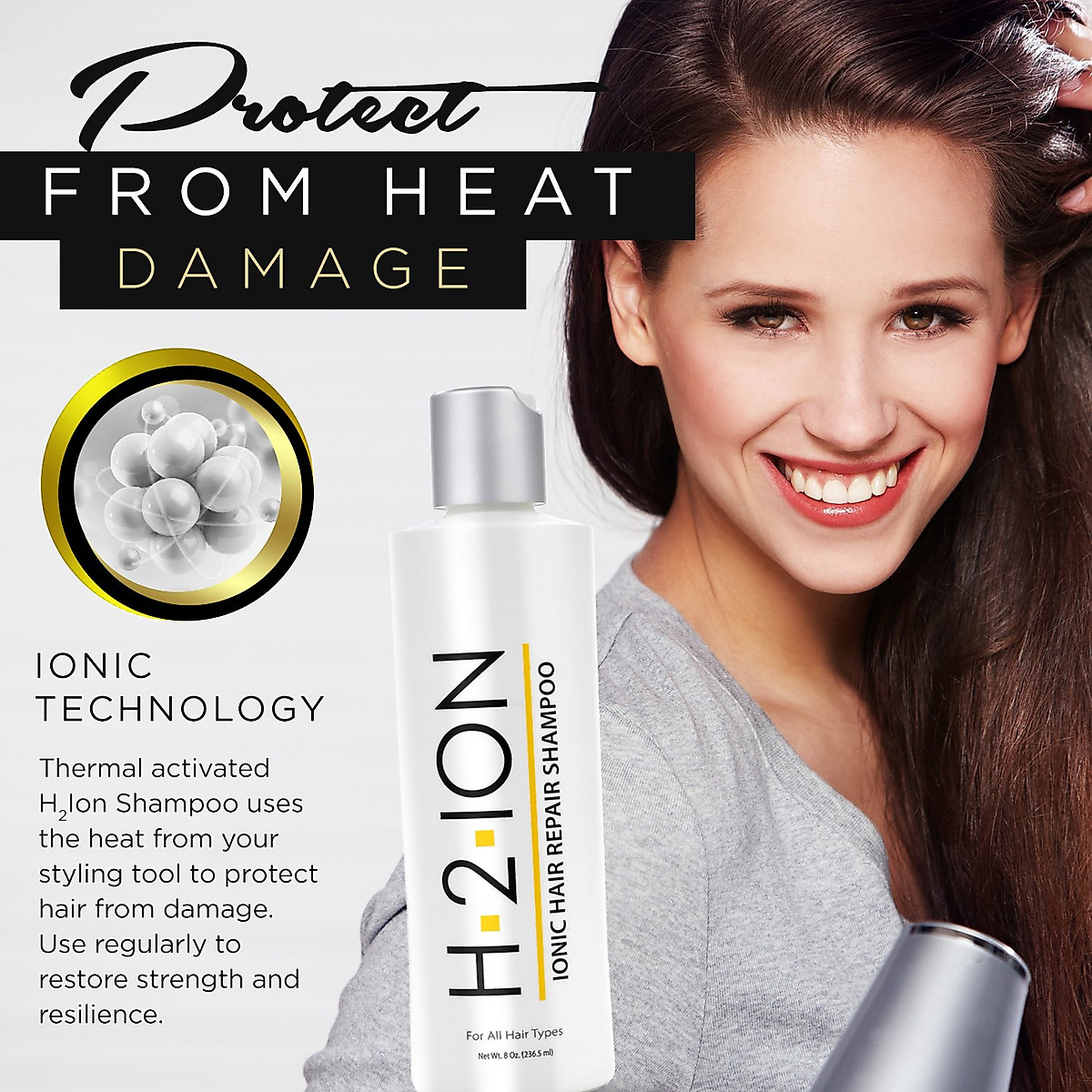 H2 Ion Hair Repair Shampoo -- Thermal Activated Ionic Shampoo for Damaged Hair -- Deep Clean - Lock in Moisture - Restore Shine Body & Bounce - Protect from Heat Styling - Seal Split Ends (8 oz)