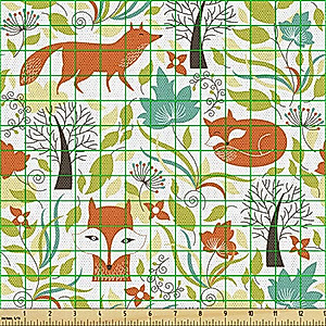 Ambesonne Cartoon Fabric by The Yard, Wild Fox Wolf with Leaves Flowers and Leafless Trees Print, Decorative Fabric for Upholstery and Home Accents, 1 Yard, Orange Green and Blue