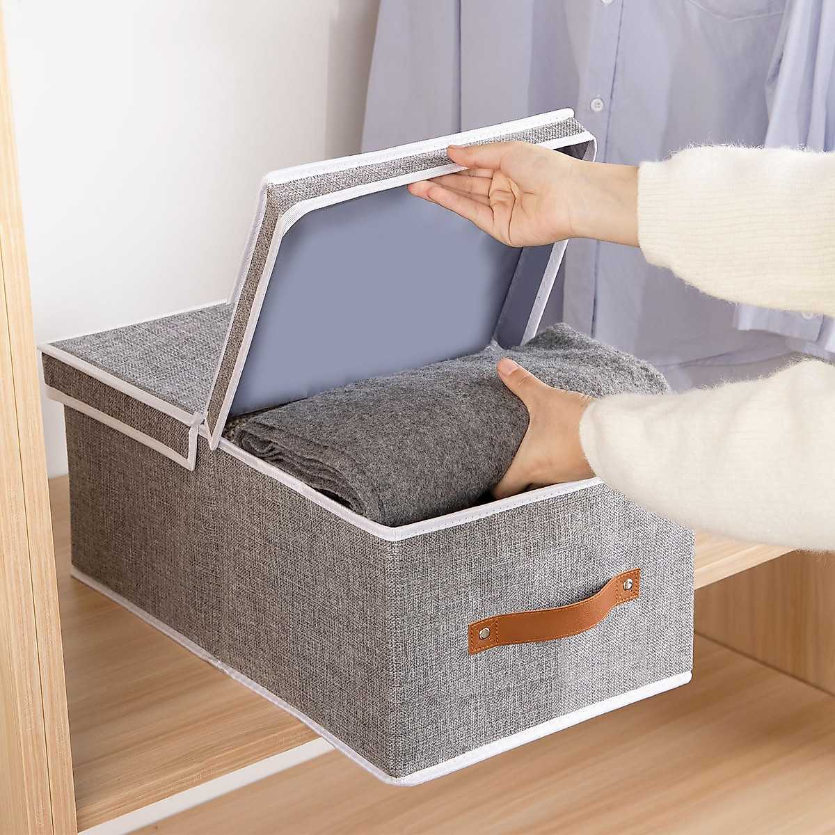 YheenLf Storage Bins with Lids, Fabric Storage Boxes, Storage Organizer Container with Handles, Collapsible Storage Cube for Organizing, Grey, 1-Pack, 16.1 x 9.8 x 6.5 in