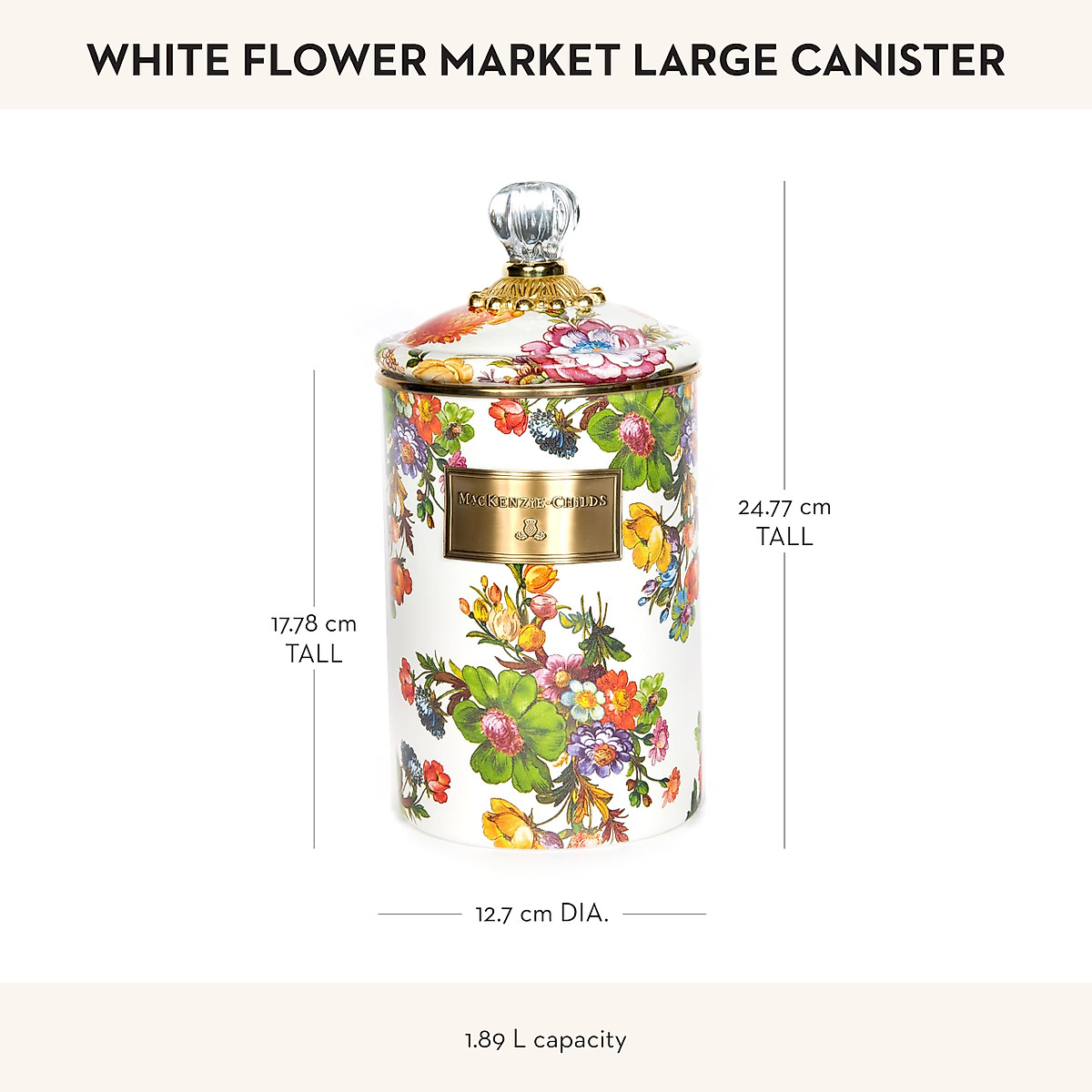 MACKENZIE-CHILDS Large Enamel Canister, Kitchen Storage Container for Flour and Sugar, 1.89 Liters, White Flower Market