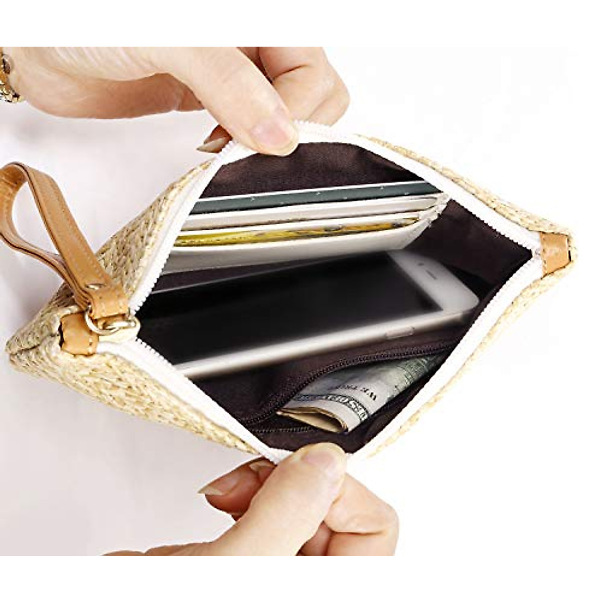 COOKOOKY Women's Straw Clutch Bag Bohemian Zipper Wristlet Womens Summer Beach Sea Purse Straw Wallets For Women (Beige- White)