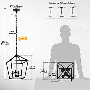 4 Light Chandelier, Industrial Ceiling Light Black Lantern Light Fixtures with Farmhouse Metal Cage Adjustable Height Rustic Geometric Hanging Light E12 Base for Kitchen Island, Entryway, Indoor