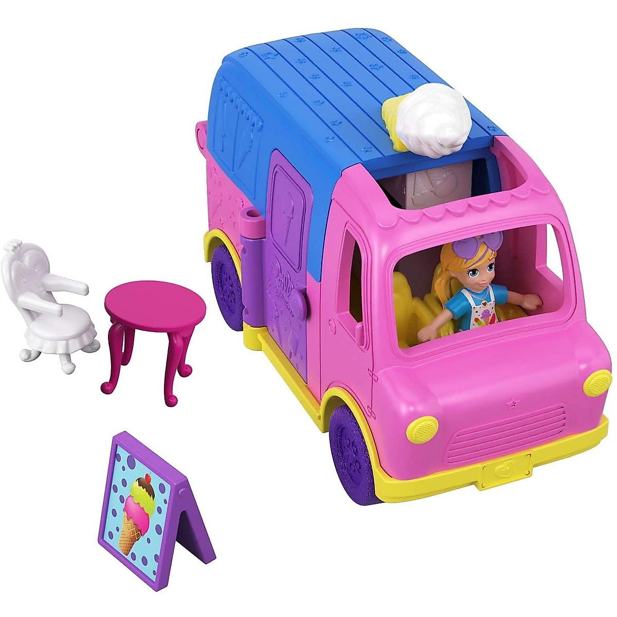 Polly Pocket Pollyville Transforming Ice Cream Truck with Ice Cream Flavor Display, Table, Chairs, Micro Polly Doll & Accessories