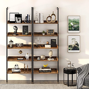 Rolanstar 5-Tier Bookshelf with 3 Hooks, Wall Mount Bookcase with Wooden Edge 72", Storage Rack with Open Shelves Display Plant Flower Stand Organizer for Living Room, Home Office, Rustic Brown