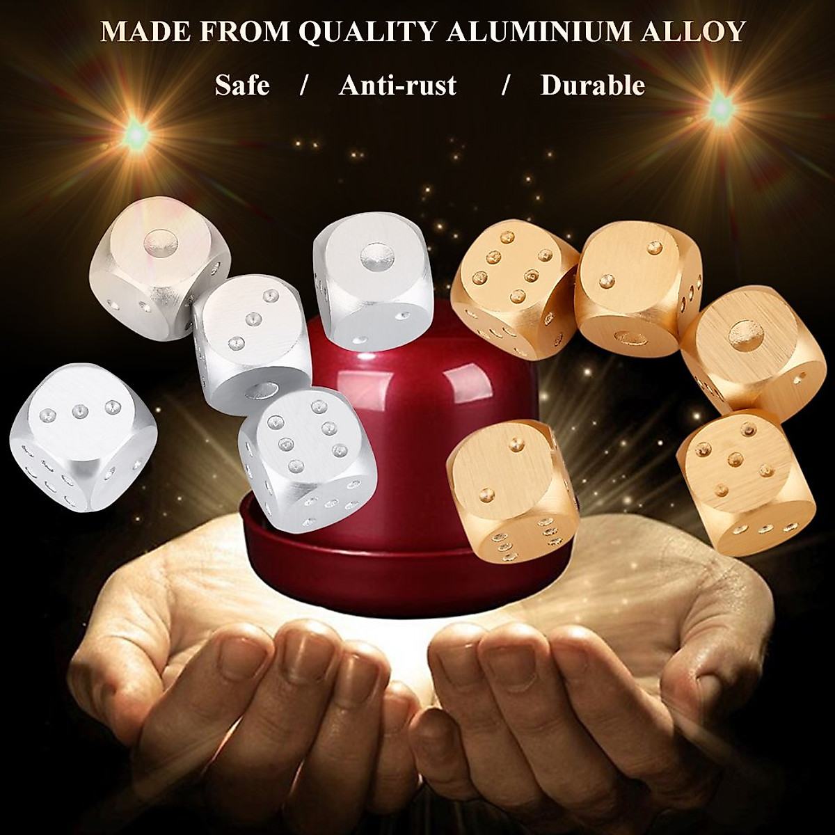 5pcs Table Game Dice, Aluminium Alloy Table Game Poker Games Dices Set with Storage Box for Table Games Poker Monopoly(Gold-Rectangle Box)