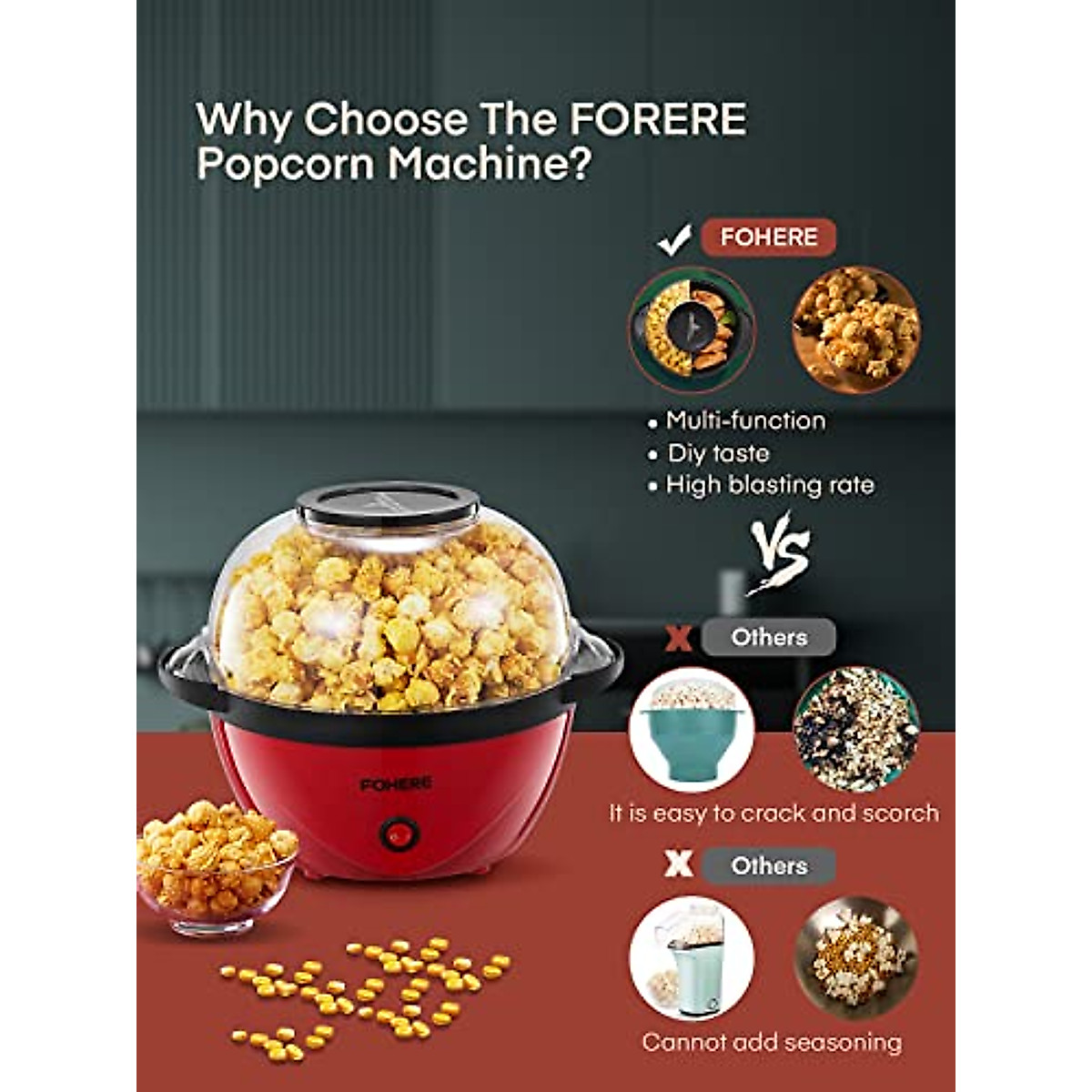 Popcorn Machine, 2-in-1 Automatic Stirring Hot Oil Popcorn Popper Maker & Grill Machine, Large Lid for Serving Bowl, 2 Measuring Spoons, Cleaning Brush, for Movie Night Kids Party Healthy Snacks