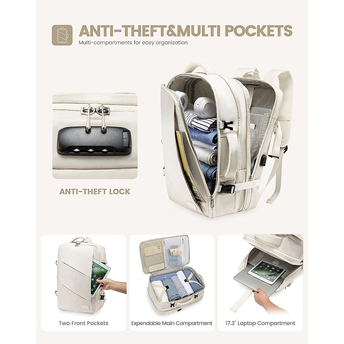 LOVEVOOK Travel Backpack for Women, 40L Carry On Backpack Flight Approved, Waterproof 17 Inch Laptop Backpack with 3 Cubes, College Bookbag, Personal Item Travel Bag, Beige