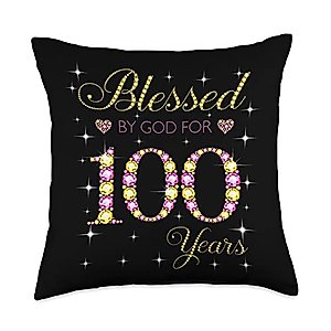 Blessed by God 100th Birthday Gift for Ladies Blessed by God for 100 Years Old 100th Bday Gift for Women Throw Pillow, 18x18, Multicolor