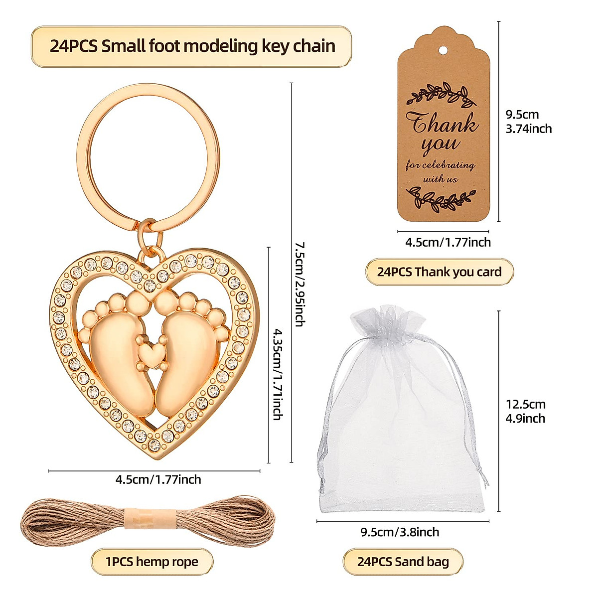 24 Pieces of Caring Foot Design Keychain and Keyring Favored for Baby Showers and Weddings, Party Gifts, Souvenirs or Decorations, with Labels and Silk Bags