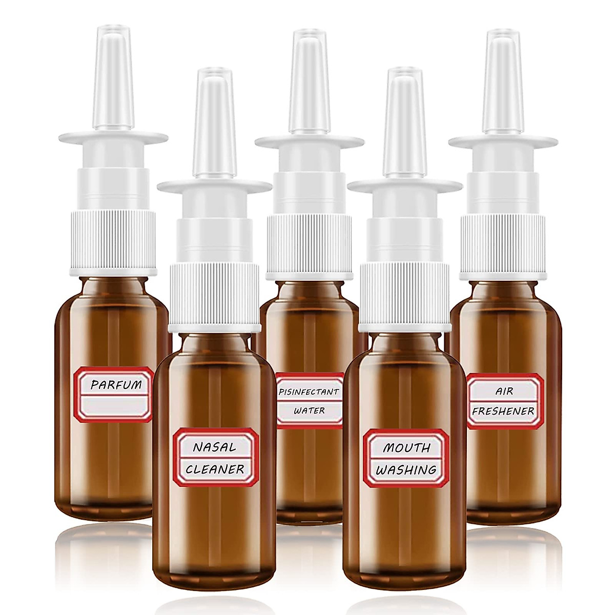 Nasal Spray Bottles with Graduated Scale, 5 PCS 30ML/1OZ Continuous Fine Mister Spray Bottles, Refillable Small Empty Amber Glass Bottle with Funnels, Travel Clips and Labels