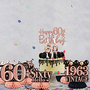 12Pcs 60th Birthday Decorations Women, Including 60th Birthday Honeycomb Centerpieces Decorations, Cake Topper and Candles, 1963 Birthday Table Sign Décor