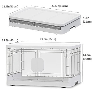 Storage Bins with Lids - Stackable Plastic Storage Bins with Wheels, 18-Gal Folding Box with Open Front Doors, 3 Pack Collapsible White Storage Box for Organizer Extremely Durable, High-capacity
