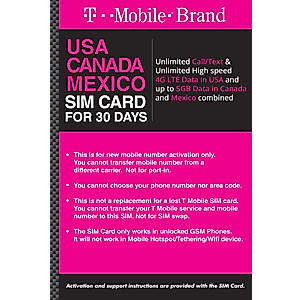 T Mobile Prepaid Brand USA, Canada, Mexico Prepaid Travel SIM Card Unlimited Call/Text & Unlimited High Speed 4G LTE Data in USA & up to 5GB Data in Canada & Mexico Combined. (30 Days)