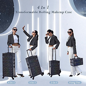 Stagiant Rolling Makeup Case 4 in 1 Cosmetology Case on Wheels Makeup Travel Case with Brush Waist Bag Key Swivel Wheels Salon Barber Case Traveling Cart Trunk Cosmetic Trolley Balck Star
