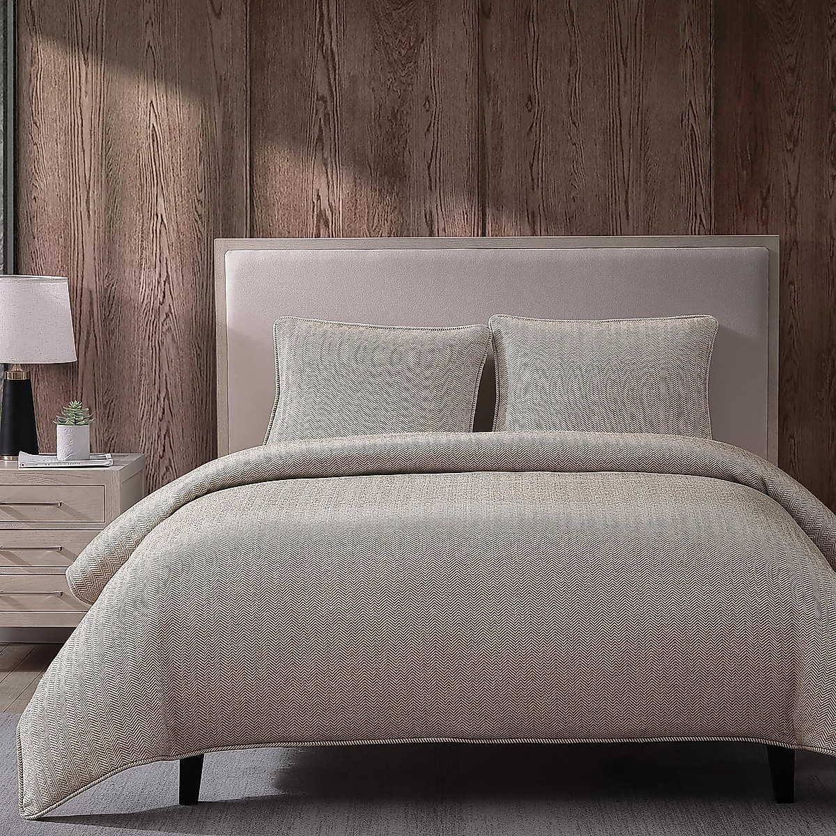 HiEnd Accents Chenille Herringbone 3 Piece Super Queen Duvet Set, Light Tan, Timeless Classic Modern Rustic Woven Tweed Luxury Bedding Set, 1 Duvet Cover and 2 Pillowcases