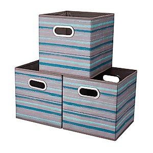 HSDT 13 inch Collapsible Storage Cubes Bins Teal Stripes Fabric Storage Boxes Foldable Cube Inserts Storage Grey Printed Folding Cloth Storage Baskets Drawer Organizer ,QY-SC05-3