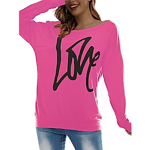 Century Star Women Long Sleeve Sweatshirts Off the Shoulder Sweatshirt Oversized letter Print Sweaters Pullover Casual Shirt Tops Rose Red Large (Lable Size Medium)
