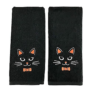 Decorative Halloween Hand Towels: Black Plush Velour Cotton Embroidered Design, Set of 2 (Cat)