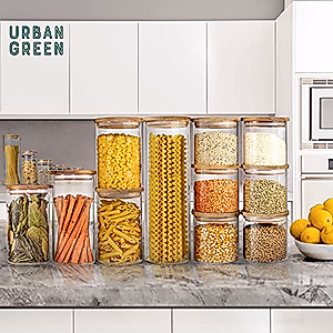 Urban Green Glass Jars with Wood Lids, Airtight Glass Canisters Sets, Glass Storage Containers, 6 Sets, Food Storage Containers, Glass Storage Jars with Lids, Glass Canisters, Panry Container Glass