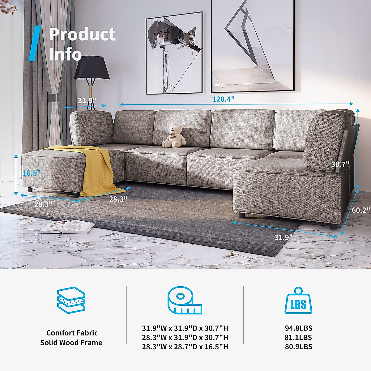 Mjkone Modular Sectional Sofa, Convertible 6 Seat Sofa L Shaped Couch U Shaped Sectional Sofa Queen Size Sleeper Sofa Bed Variable Sectional Couches for Living Room Department Small Space, Light Tan