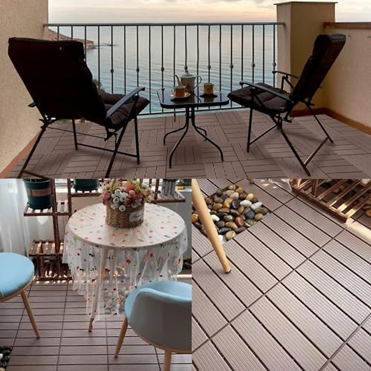 Plastic Interlocking Patio Deck Tiles 44 PCS Plastic Assembled Floor Outdoor Balcony Terrace Floor Garden Buckle Non-Slip Imitation Wood Floor (Gray)