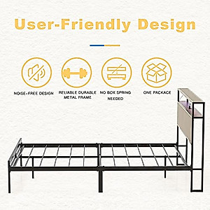 HAUSOURCE Queen Bed Frame with Storage Headboard LED Lights Metal Platform Non-Slip Without Noise Mattress Foundation Strong Metal Slats Support No Box Spring Needed