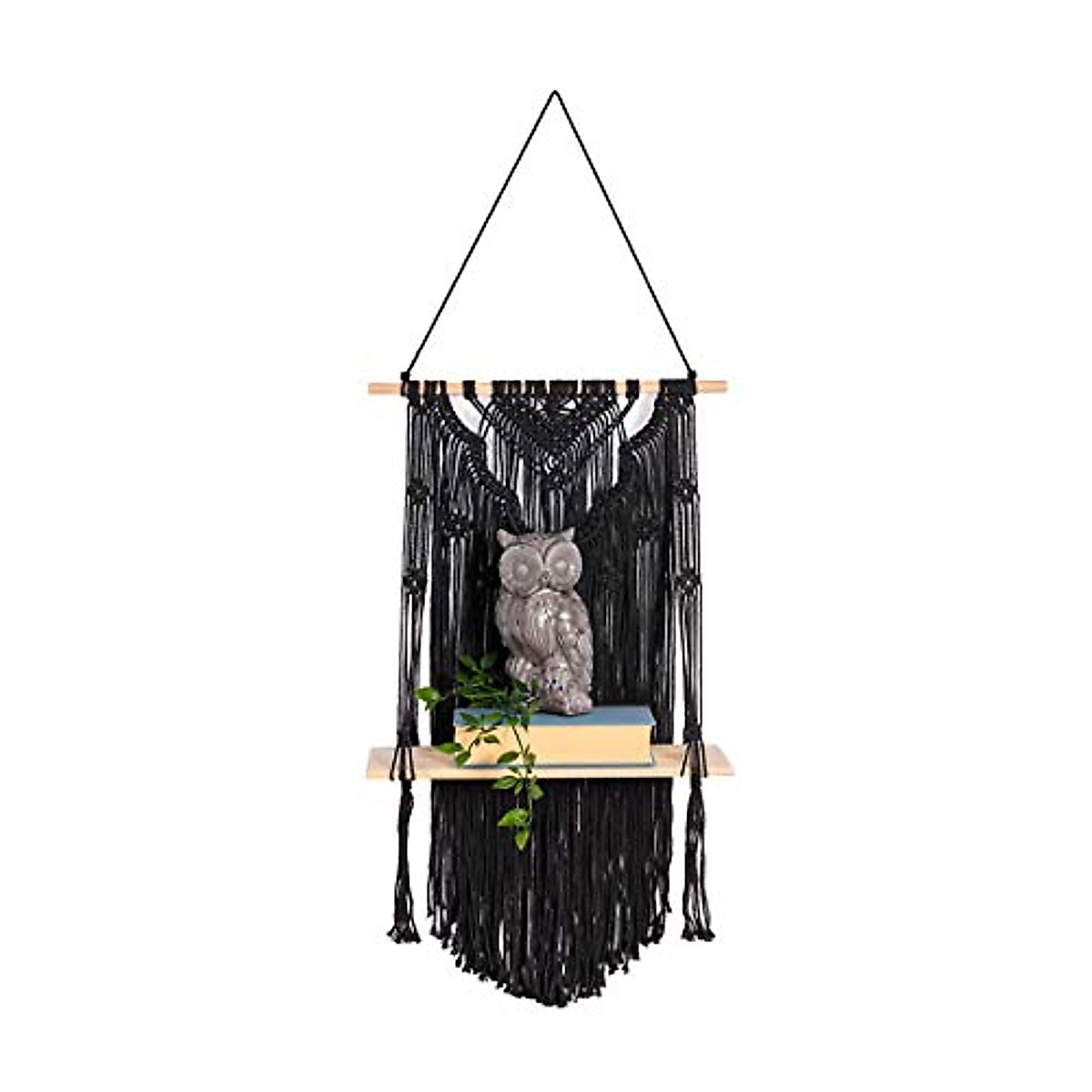 KALTEK Black Macrame Shelf with Flower Design | Boho Style with Floating Wood Shelf | Beautiful Handmade Black Macrame Shelf for Hanging Plants and Decor | Boho Wall Decor with Macrame Rope Shelving