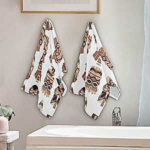 Oreayn African Tribal Tiki Masks Hand Towel for Bathroom Kitchen Beach Polyester Cotton Set of 2 Cute Mask Print Fingertip Towel Soft Absorbent 28.3 x 14.4 Inch White