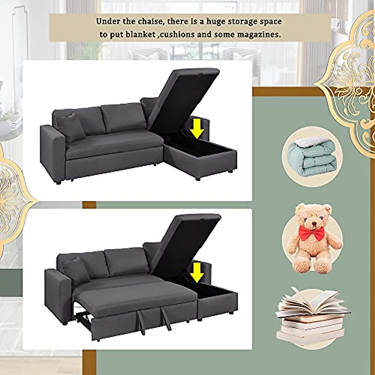 EMKK Double Chaise Lounge Floor 72 inch Sofa Couch Mid-Century Loveseat with 2 Pillows Tufted Love Seat Modern for Living Room, Bedroom, Office, Apartment, Dorm, Studio and Small Space, Gray Style