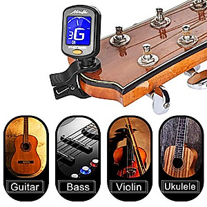 MOREYES 28Pcs Picks Guitar Tuner Clip on Chromatic Digital Tuner for Acoustic Guitars Violin, Ukulele, Bass