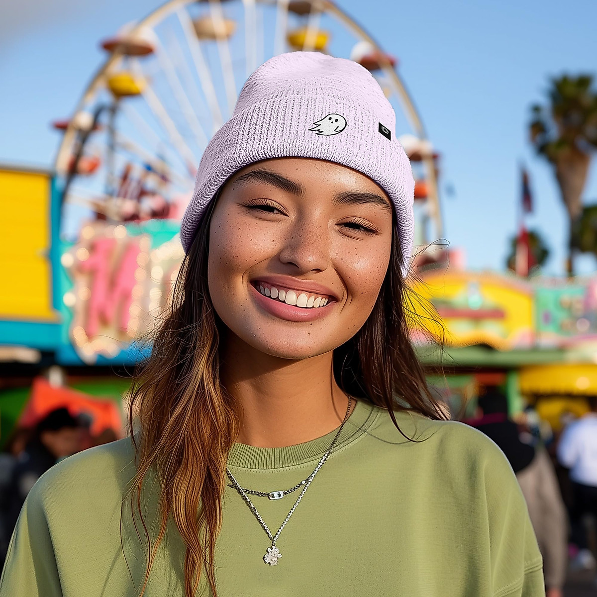 DALIX Embroidered Ghost Beanie Cap Cuffed Knit Hat Women in Lavender