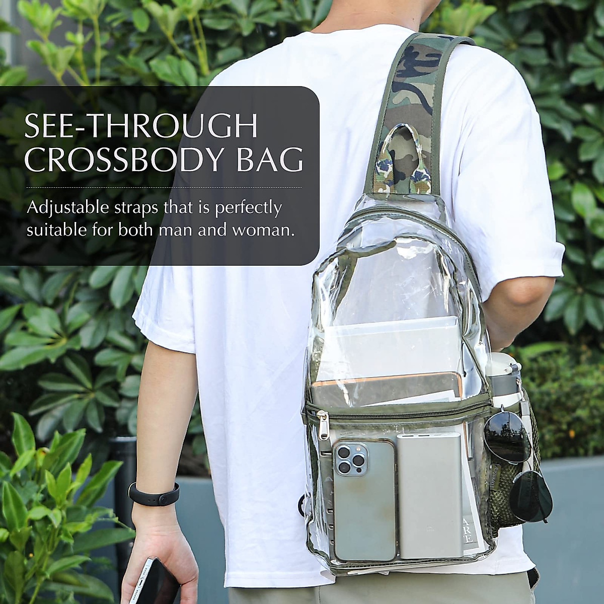 CLEKEGBAG Clear Sling Bag Crossbody Camouflage Backpack - See Through Concert Approved - One Strap Transparent Plastic Sling Bag for Men (15x4.5x9 inches)