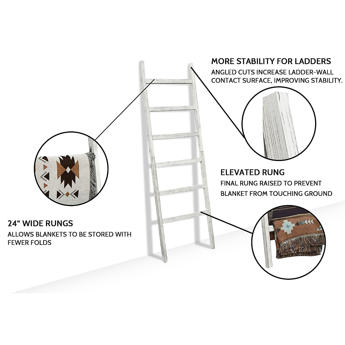 FUIN 6.4ft Extra Wide Wooden Blanket Ladder Living Room Decorative Wal Leaning Farmhouse Quilt Display Holder Rustic Wood Towel Rack for Bathroom, White, 24 inch Wide