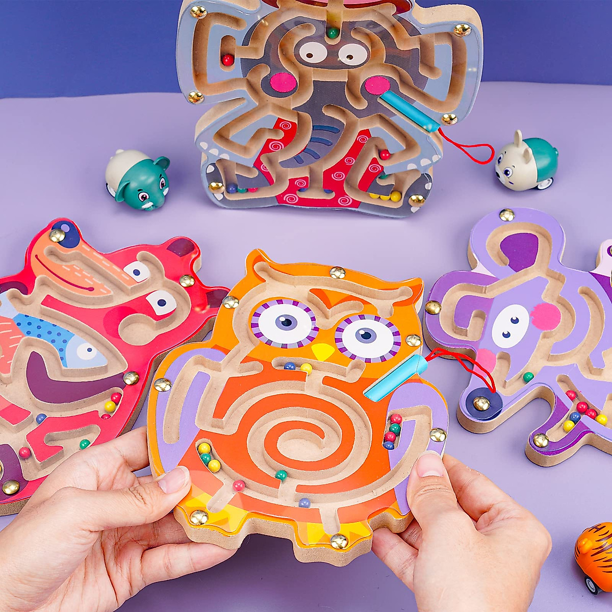 NiToy 4PCS Wooden Magnetic Maze Toys for Kids 3+, 7''x8'' Animal Interactive Puzzle Game Board Montessori Labyrinth STEM Activity Child Fine Motor Skill Development Preschool Birthday Gift (4 Animals)