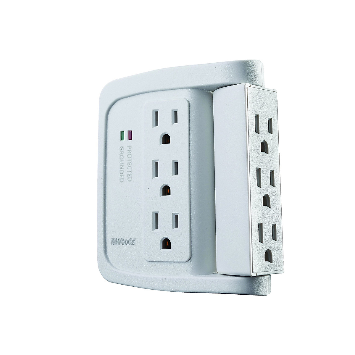 Woods 41423 Space-Saving Power Adapter Surge Protector with 6 Outlets in Which 90° for 1440J of Protection, White