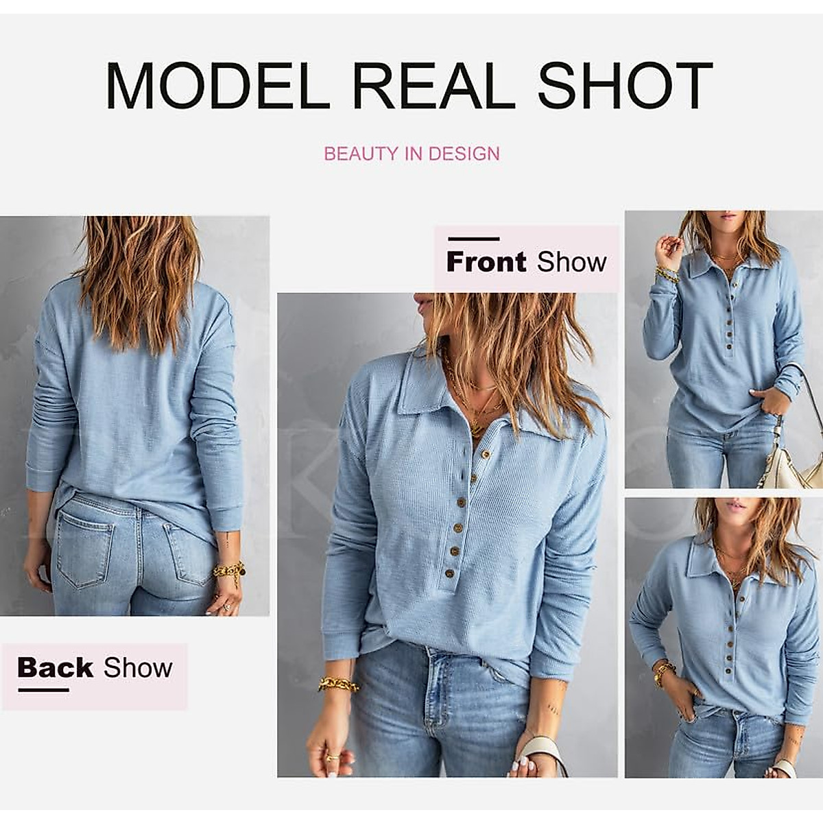 Dokotoo Business Casual Outfits for Women Stand Collar V Neck Button Up Long Sleeve Sweatshirt Solid Color Ribbed Henley Shirts Tunic Tops Knit Shirt Sky Blue Large