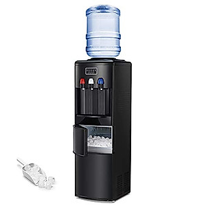 Antarctic Star 2-in-1 Water Cooler Dispenser with Built-in Ice Maker, Hot and Cold Top Loading 3 to 5 Gallon Bottle Water Dispenser,27LBS/24H Ice Maker Machine with Child Safety Lock（Black）