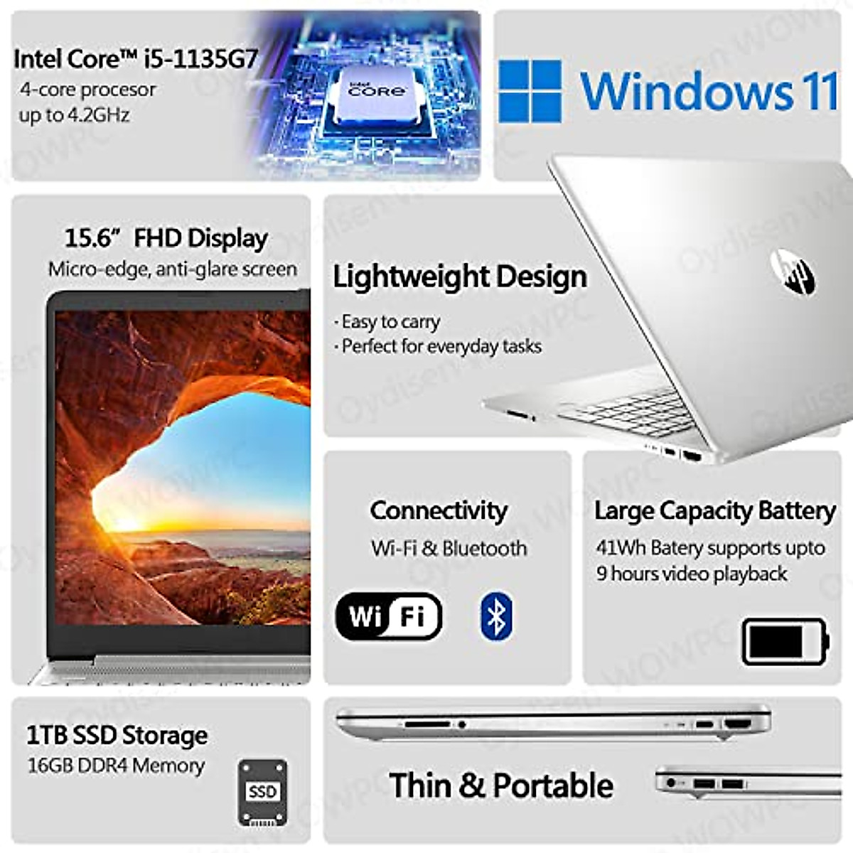 HP 15.6 inch Laptop, Intel Core i5-1135G7 Processor, 15.6" FHD Anti-Glare LED Display, HDMI, Wi-Fi and Bluetooth, Lightweight Design, Fast Charge, Windows 11 Home (16GB RAM | 1TB SSD)