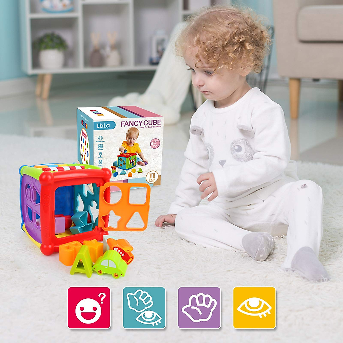 Baby Activity Cube 6-in-1 Musical Baby Learning Toys Including Letters Cognition Shape Sorter Piano Keys Interesting Multi-Functional Learning Activity Cube Best Gift for Boys Girls Aged 1 2 3