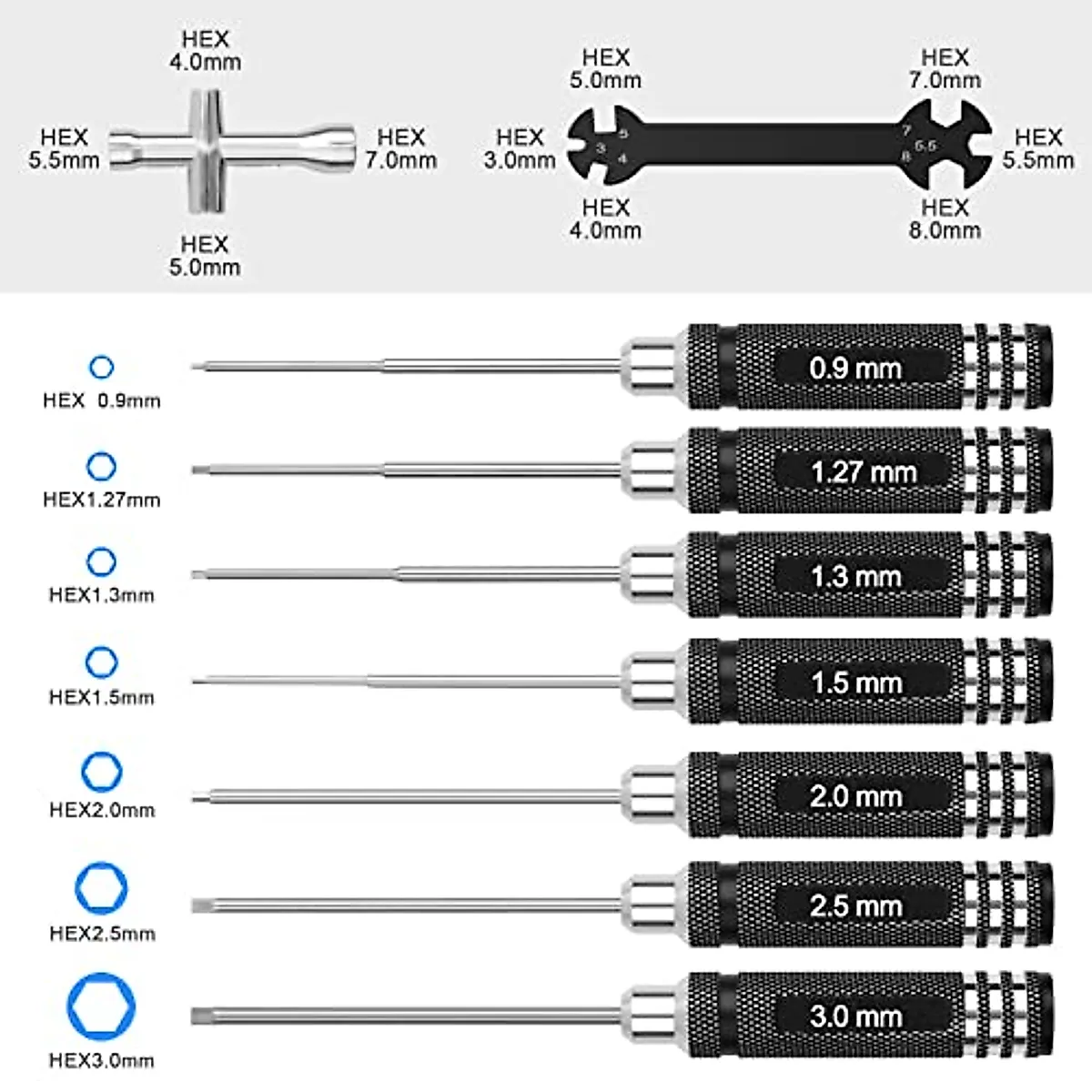 RC Hex Screwdriver Tool Set 0.9mm 1.27mm 1.3mm 1.5mm 2.0mm 2.5mm 3.0mm Hex Allen Screwdriver Kit with Hex Nut Driver & RC Car Wrench Tool Kit for Multi-Axis FPV Racing Drone RC Quadcopter Helicopter