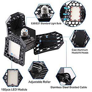 LED Garage Light, Deformable Garage Ceiling Light, 60W, 8000LM, 6000K Daylight, E26/E27 Socket Include, Fits for Garage Warehouse Basement Workshop and Yard Shop Light, Barn Light, High Bay Light