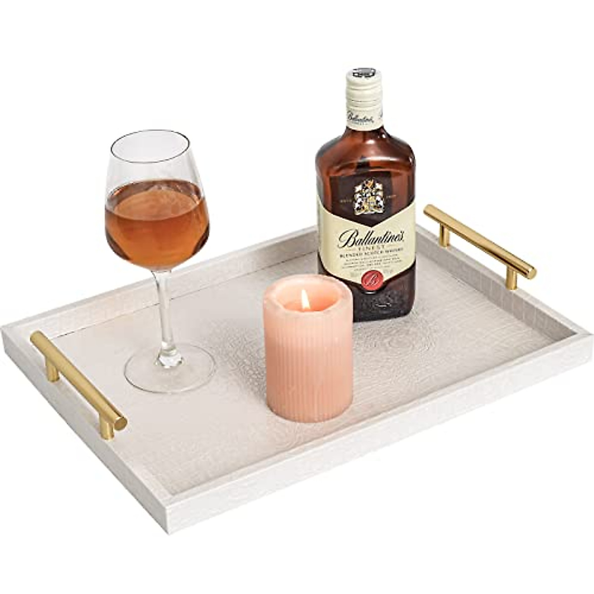 JUMBO HUMBLE Modern Elegant Large Wood Serving Tray, Set of 2 Pearl White Crocodile Leather with Gold Polished Metal Handles, Rectangle Decorative Tray Ottoman Tray Coffee Table Tray for Living Room
