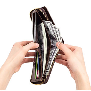 BULLCAPTAIN Mens Leather Zipper Wallet RFID Blocking Bifold Secure Vintage Zip Around Multi Credit Card Holders