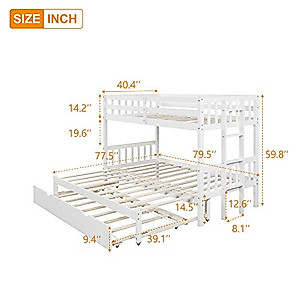 KLMM Twin Over Pull-Out Bunk Bed with Trundle, Wooden Twin Over Twin/Full/Queen/King Accommodate 4 People Extendable Bunk Beds with Ladder and Safety Rail (White)